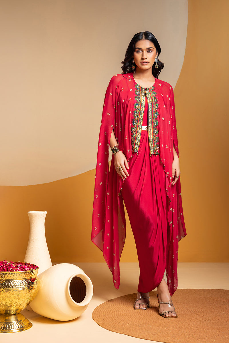 Taarani drape dress with embroidered cape – Ganpatis