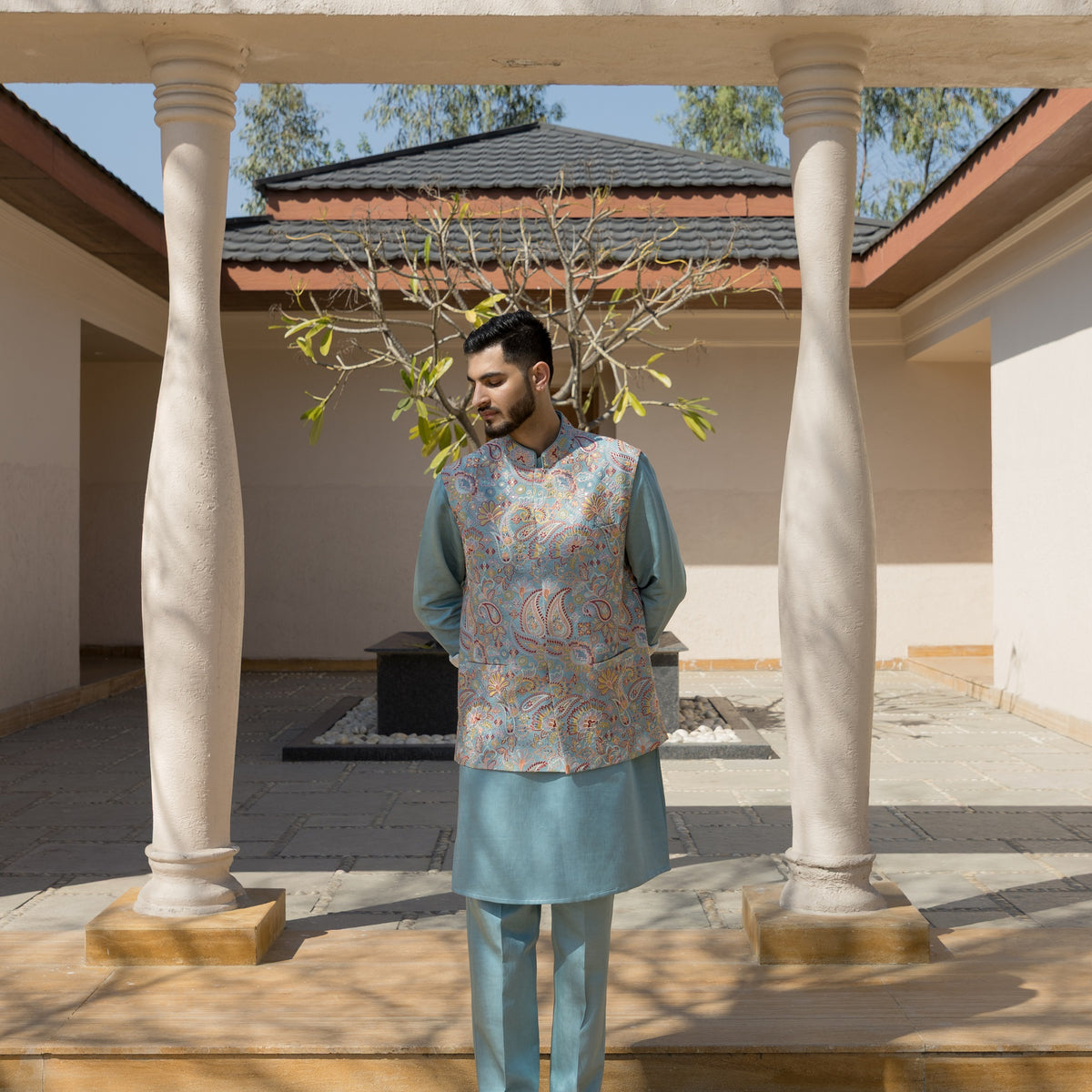 The light Blue Nehru jacket set, crafted from luxurious silk fabric ...