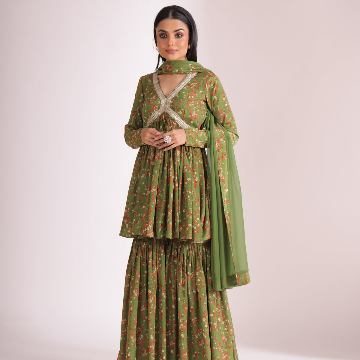 Gulzar Green printed Peplum with Gharara and dupatta – Ganpatis