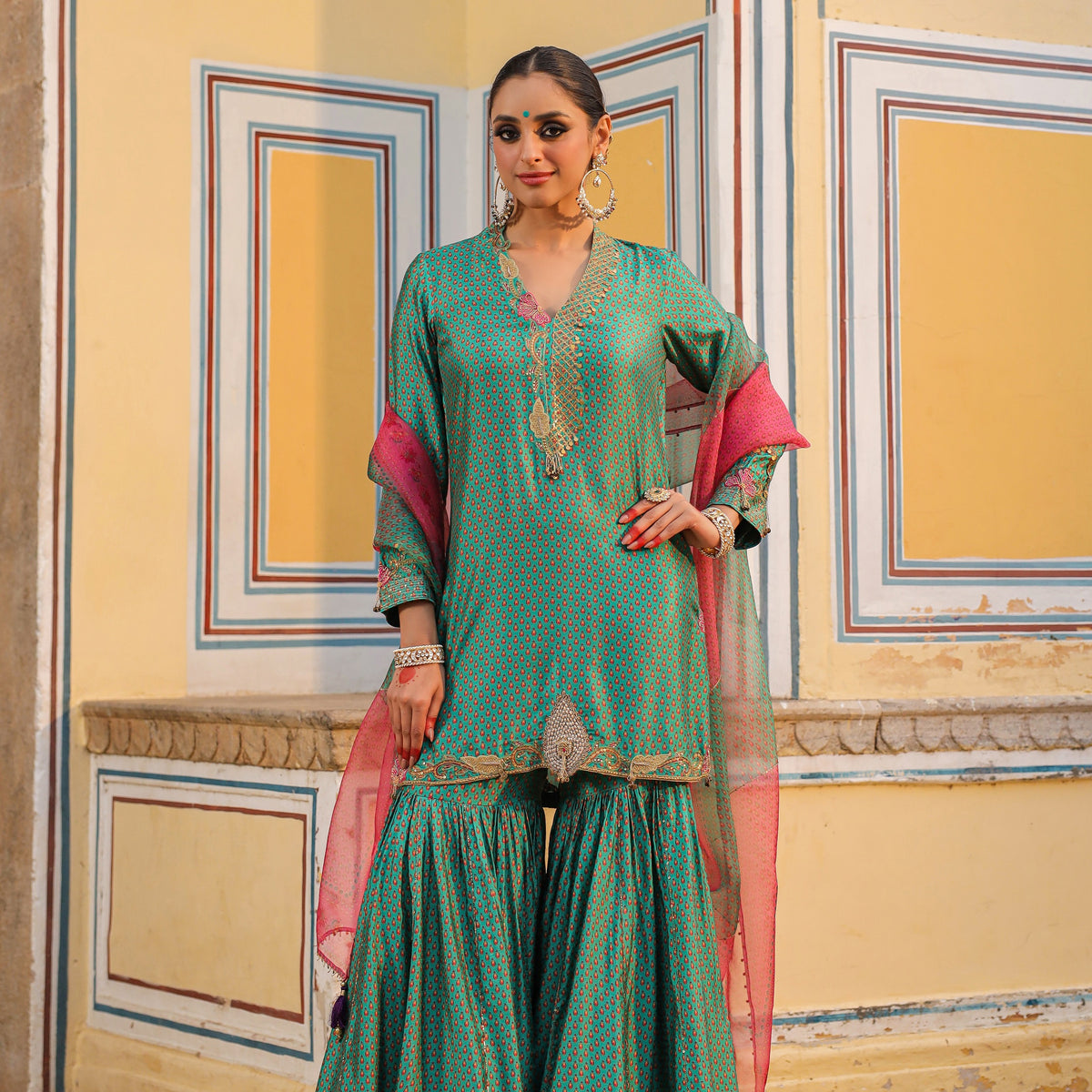 Cheent print Sharara cut work + heavy Hem – Ganpatis