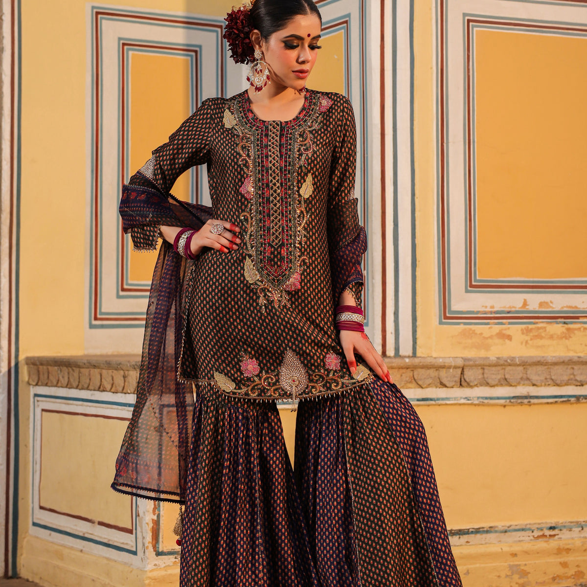 "Cheent Dual Print Sharara Heavy Neck & Hem " – Ganpatis