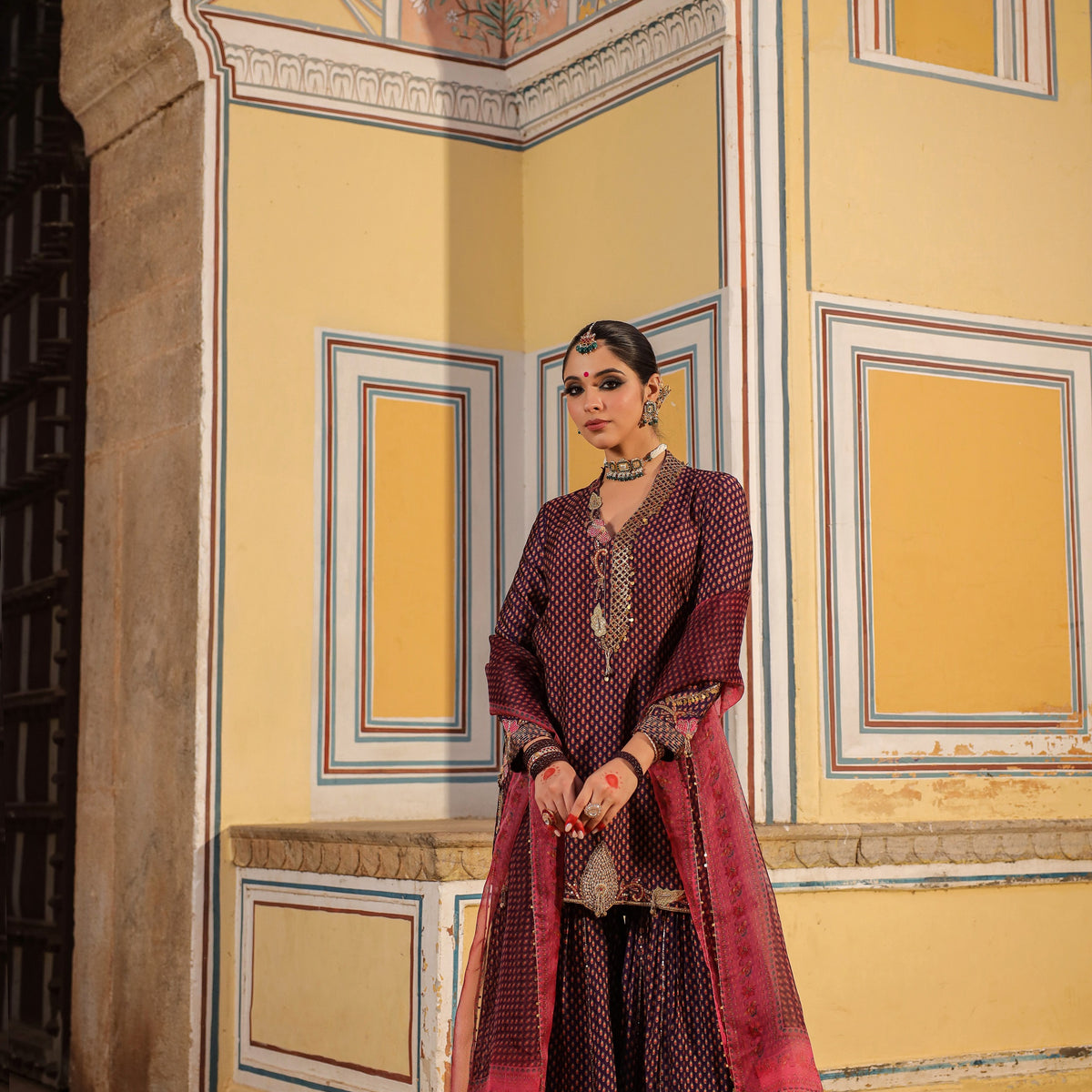 Cheent print Sharara cut work + heavy Hem – Ganpatis