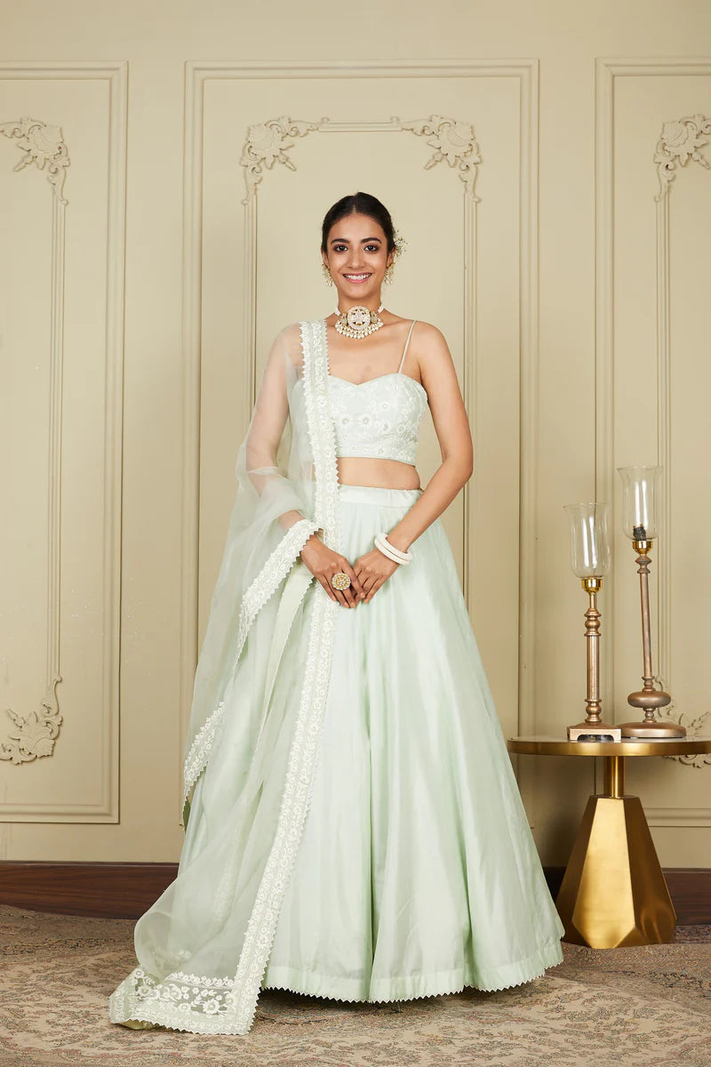 Sanaira Frosty Green Lehenga With Blouse And Dupatta – Ganpatis