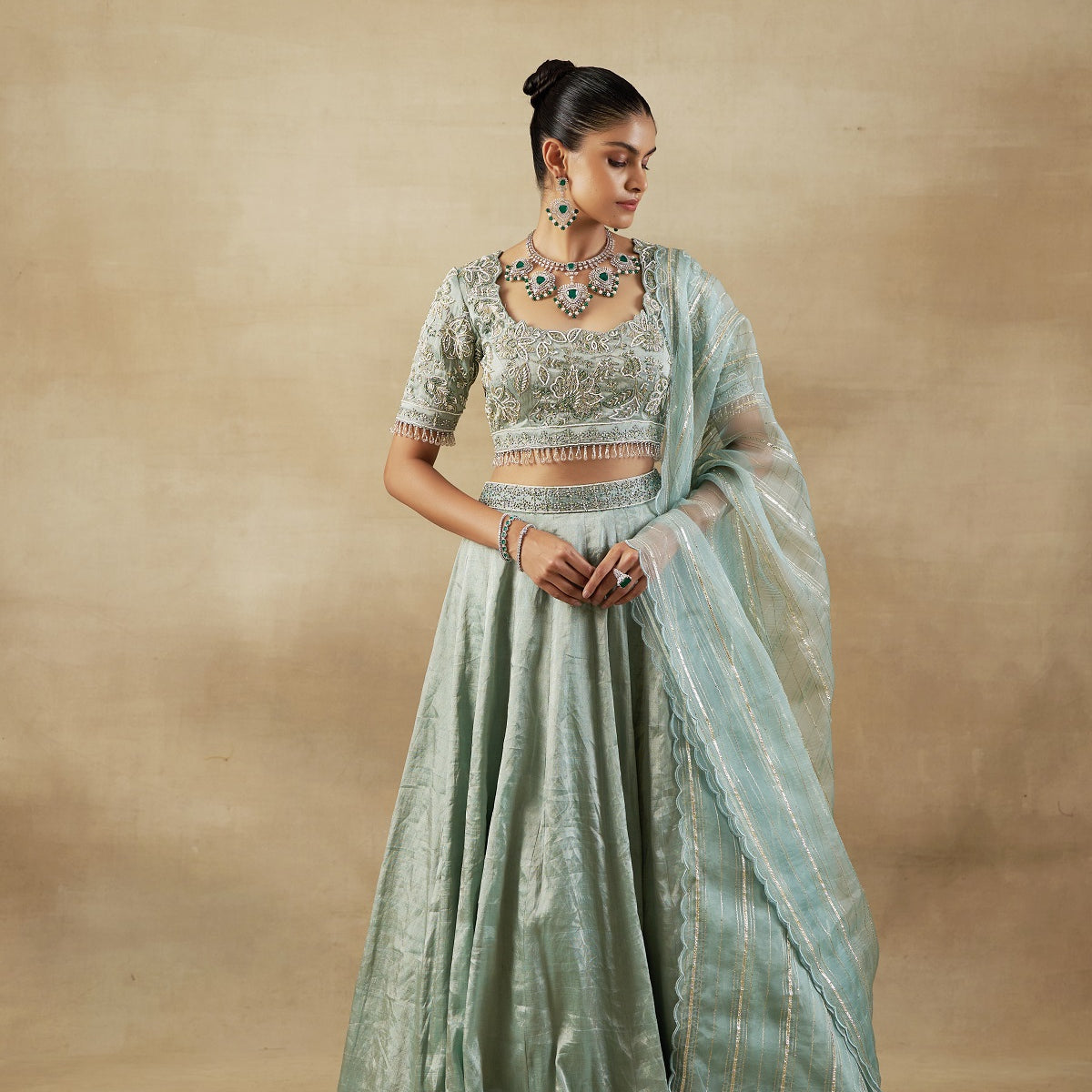 "Tissue padded embroidered blouse with tissue lehanga and organza dupa ...