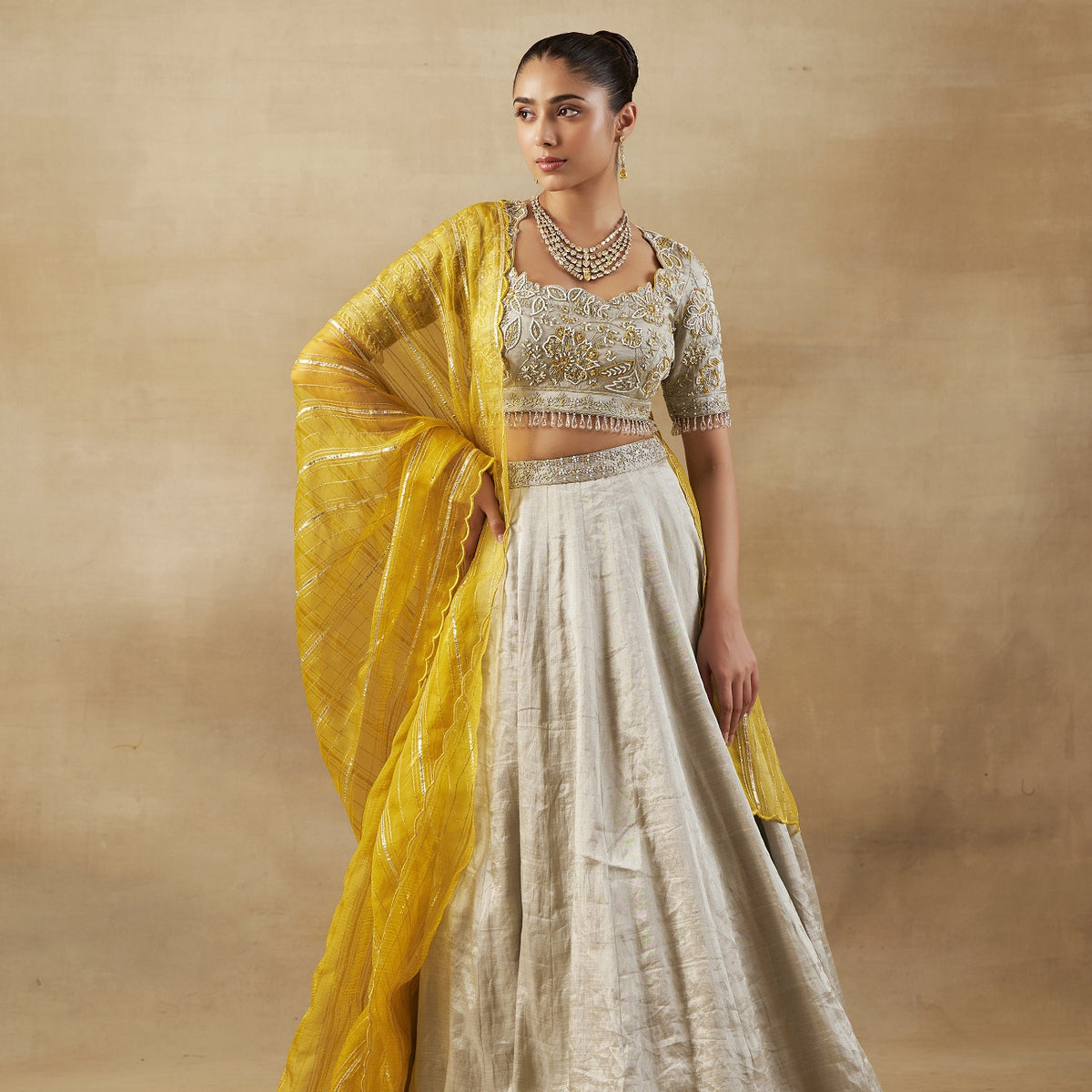 "Tissue padded embroidered blouse with tissue lehanga and organza dupa ...