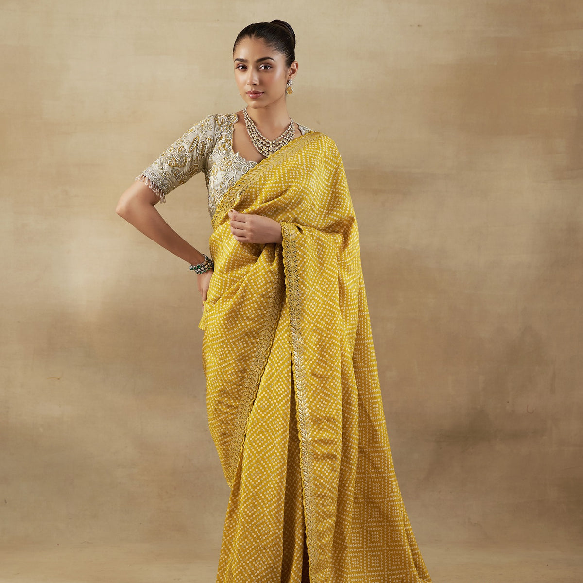 "Tissue embroidered padded blouse with bandhani tissue saree" – Ganpatis