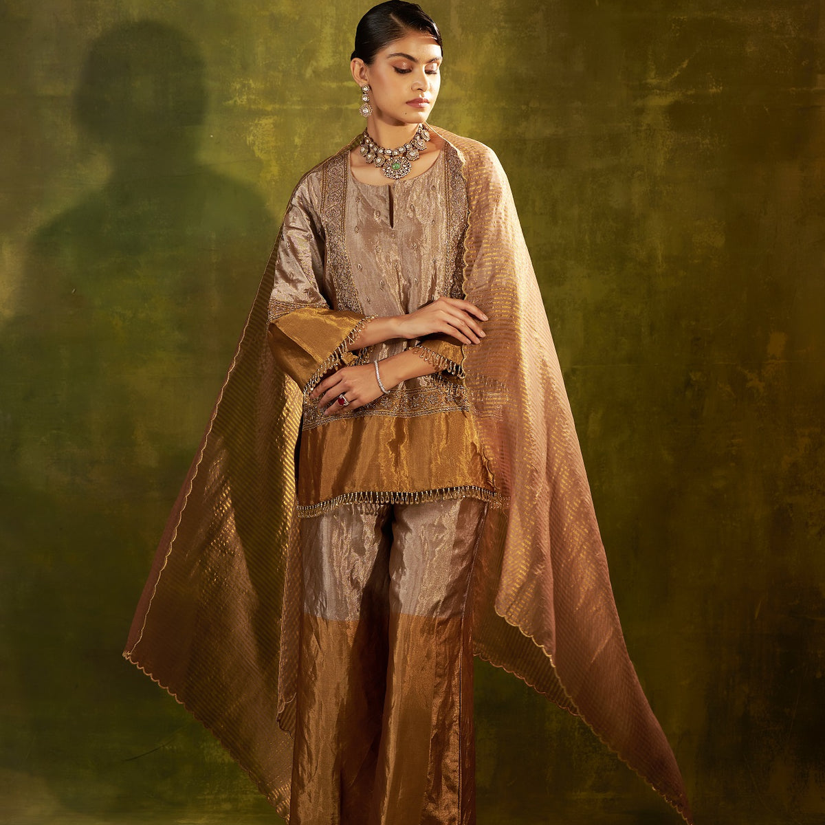 Short shirt and pallazo pants in tissue with striped banarsi dupatta ...